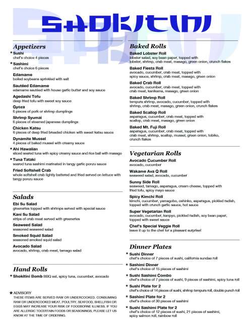 Shokitini menu in Athens, Georgia, USA