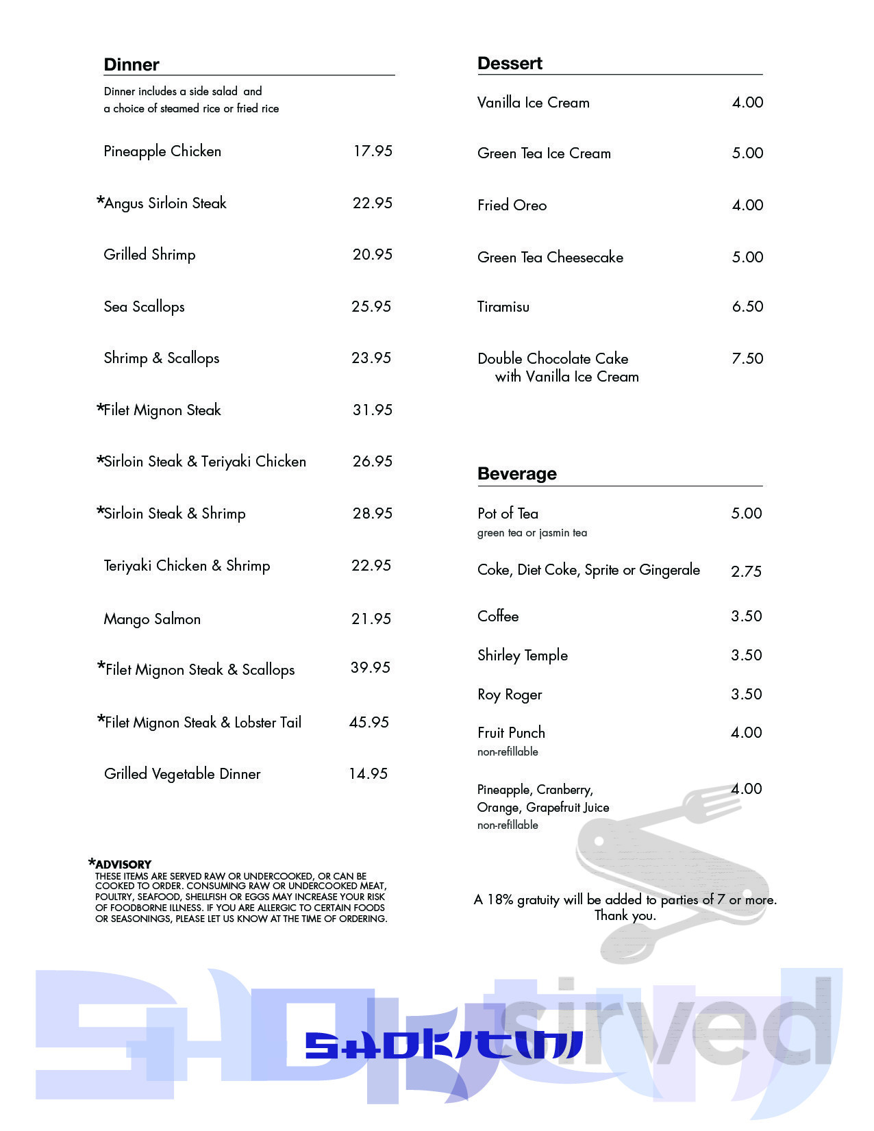 Shokitini menu in Athens, Georgia, USA