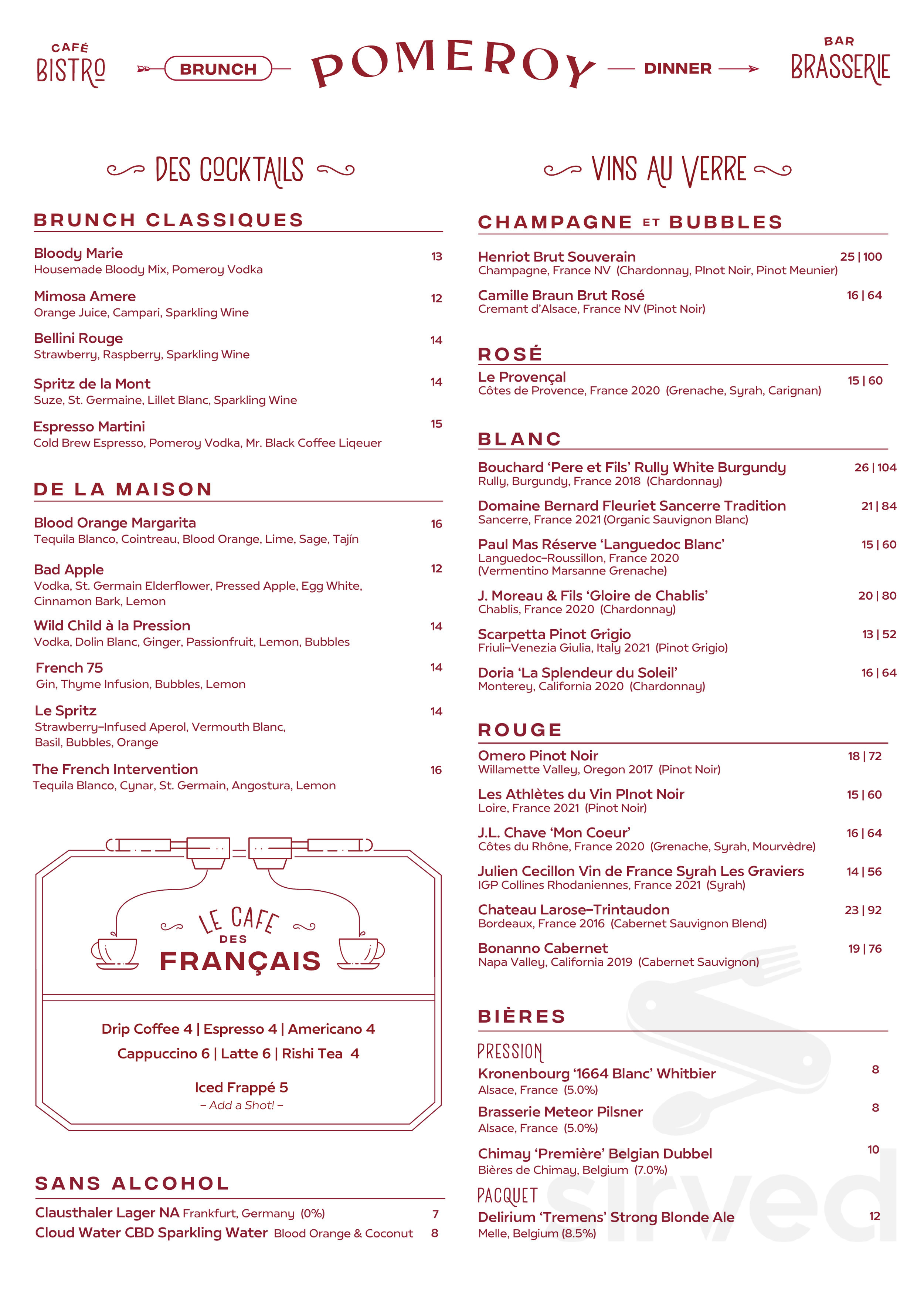 Pomeroy menu in Winnetka, Illinois, USA