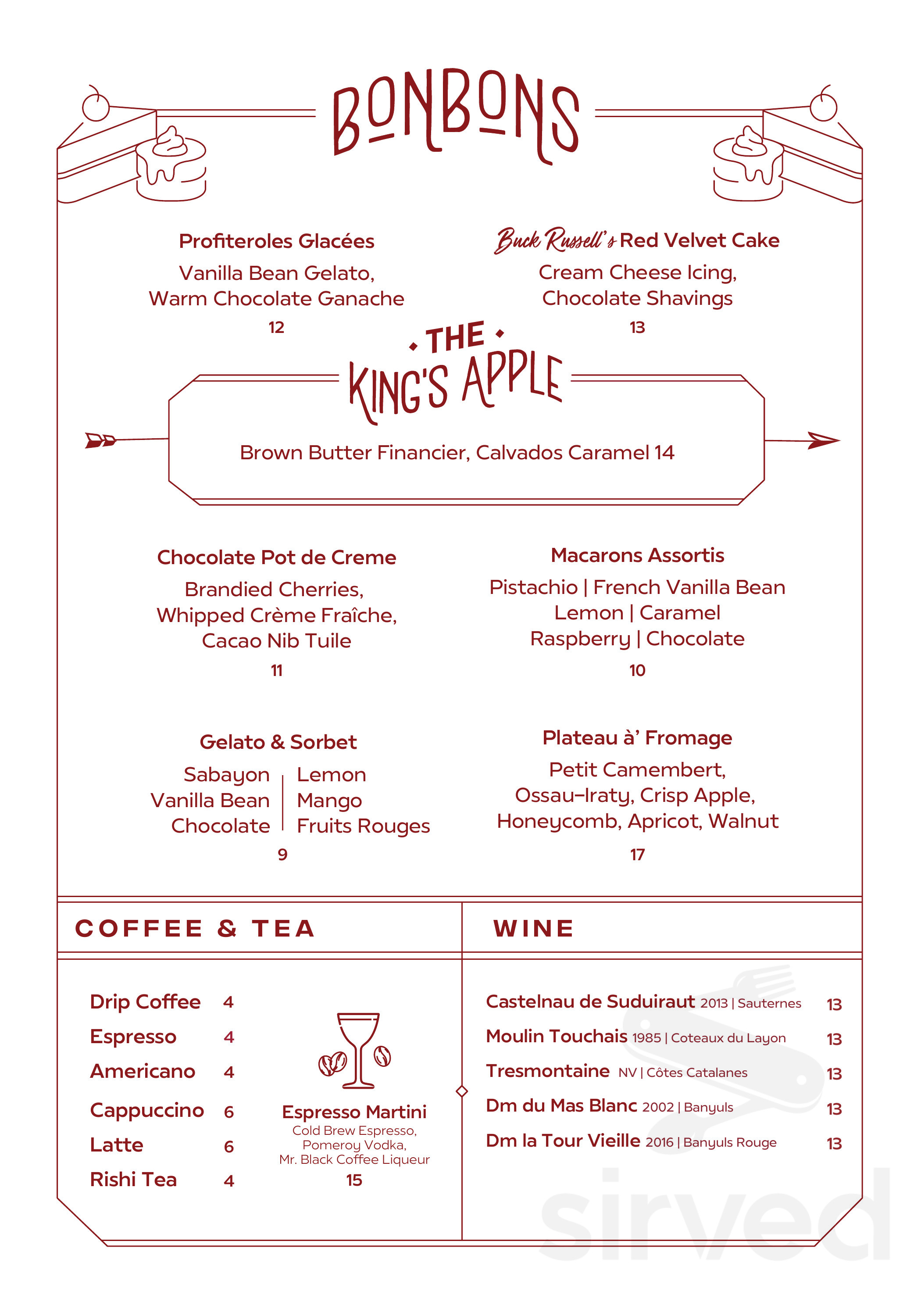 Pomeroy menu in Winnetka, Illinois, USA