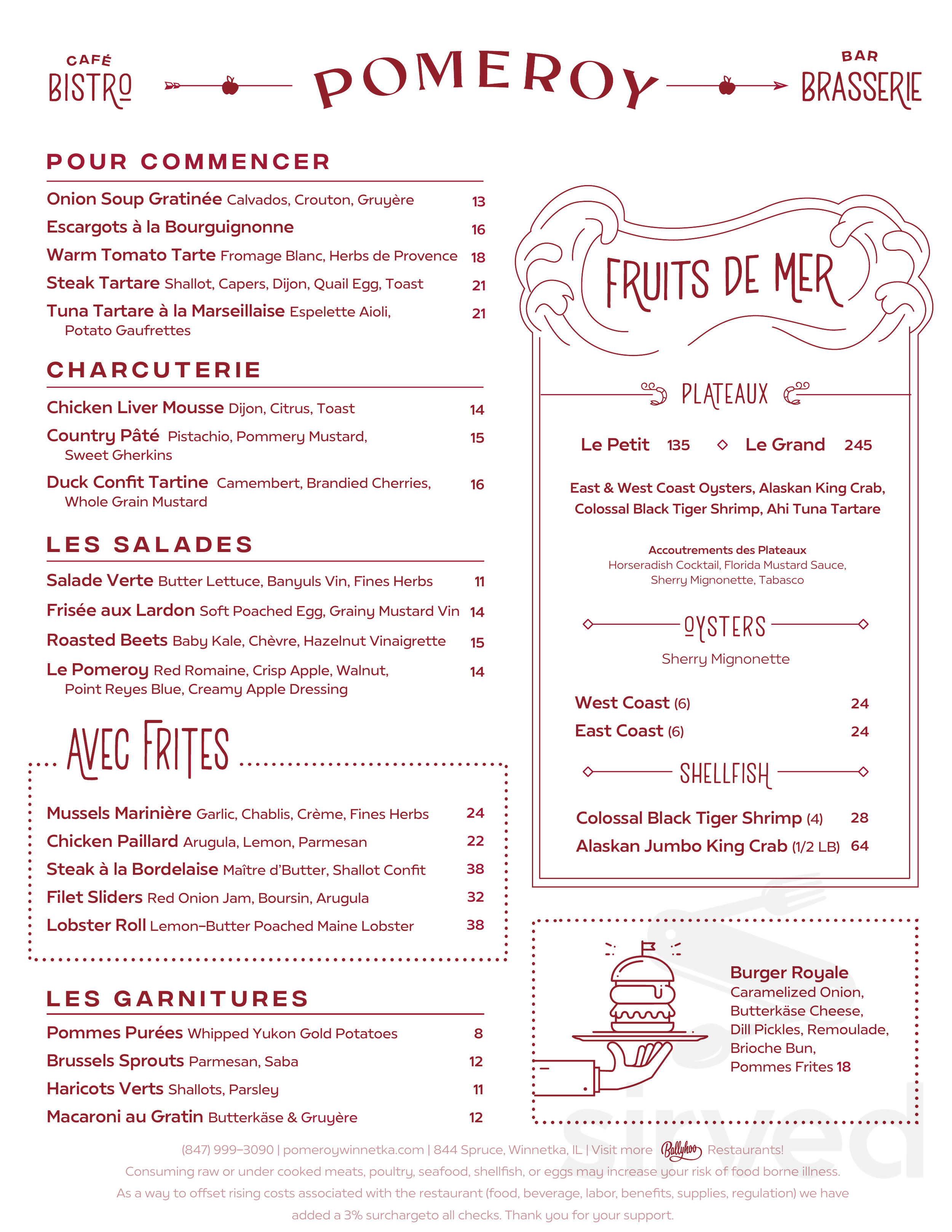 Pomeroy menu in Winnetka, Illinois, USA
