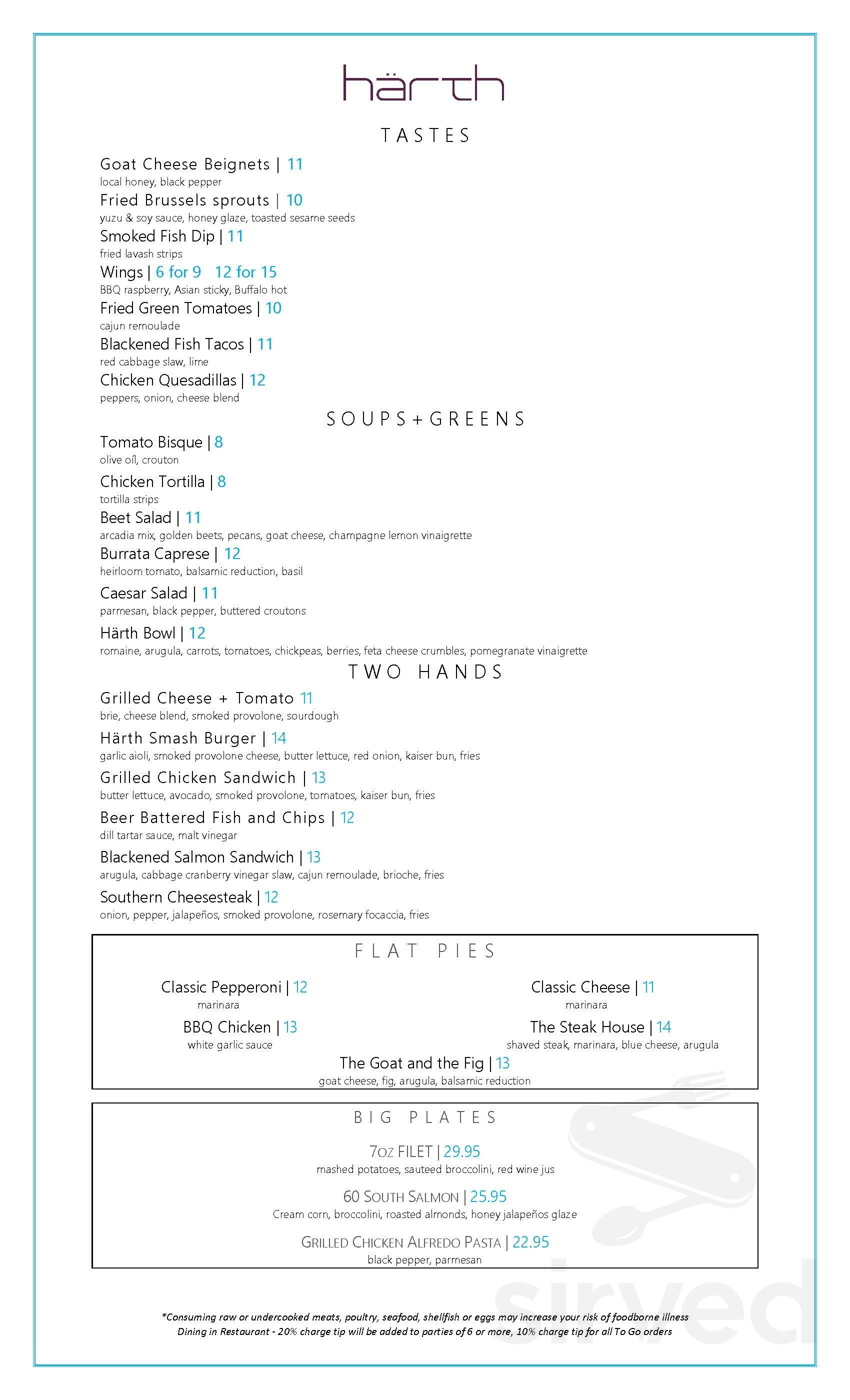 Harth menu in Alpharetta, Georgia, USA