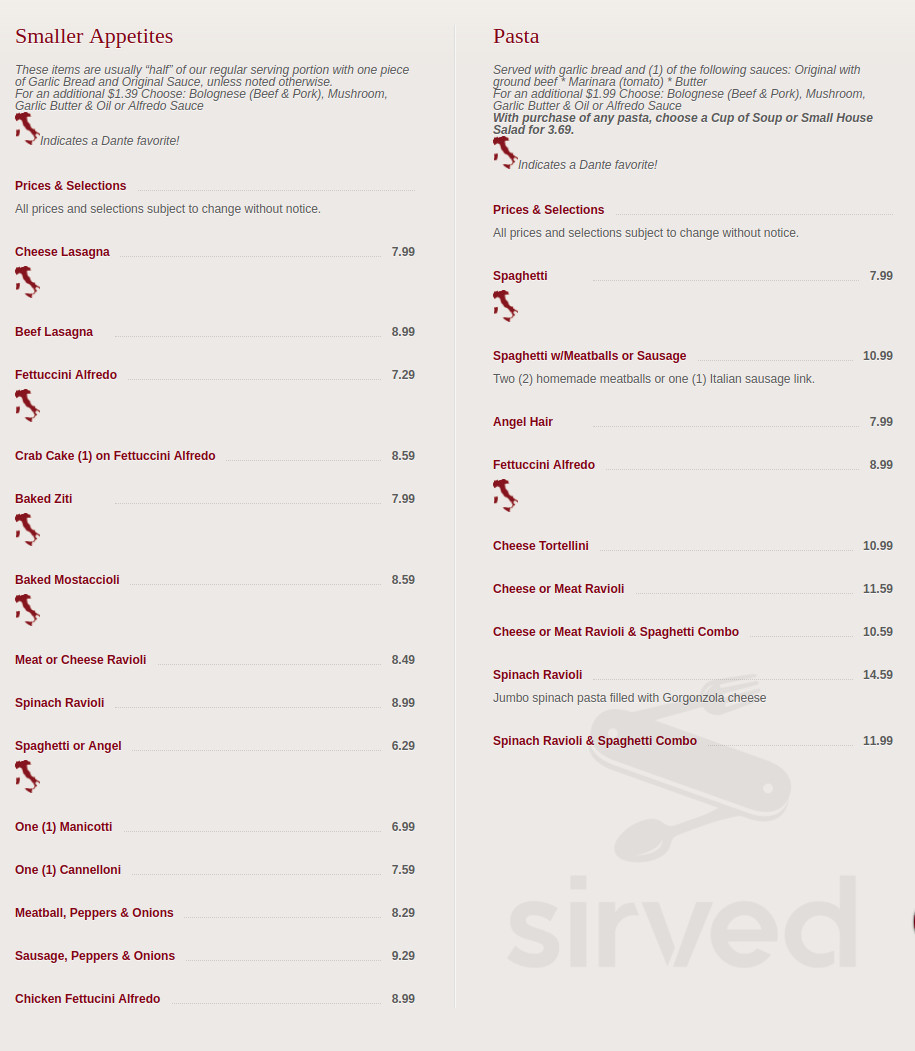 Menu for Papa Dante's Italian Restaurant in Converse, Texas, United States