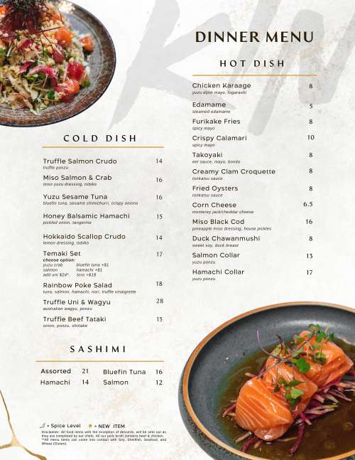 Kin Izakaya menu in Fountain Valley, California, USA