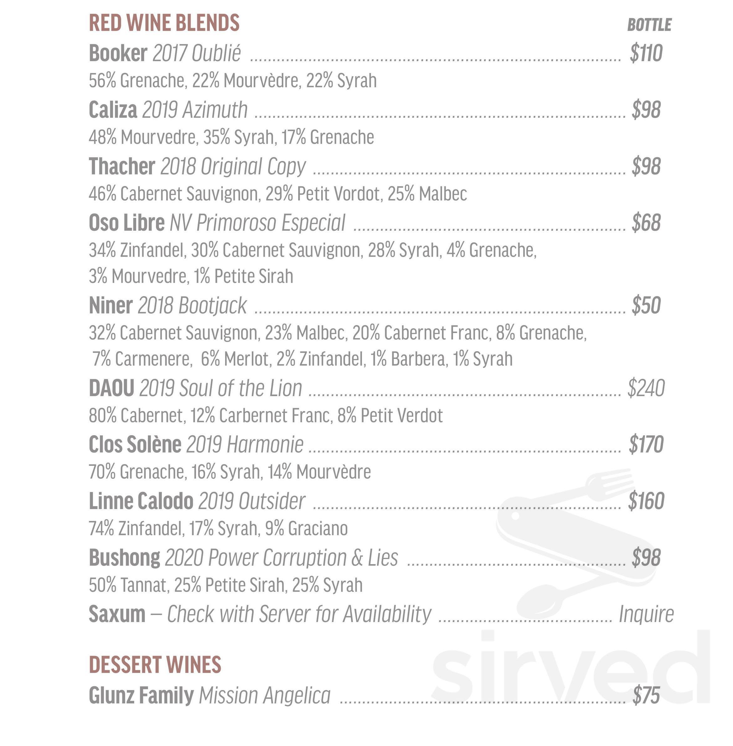 Tetto Rooftop Bar menus in Paso Robles, California, United States