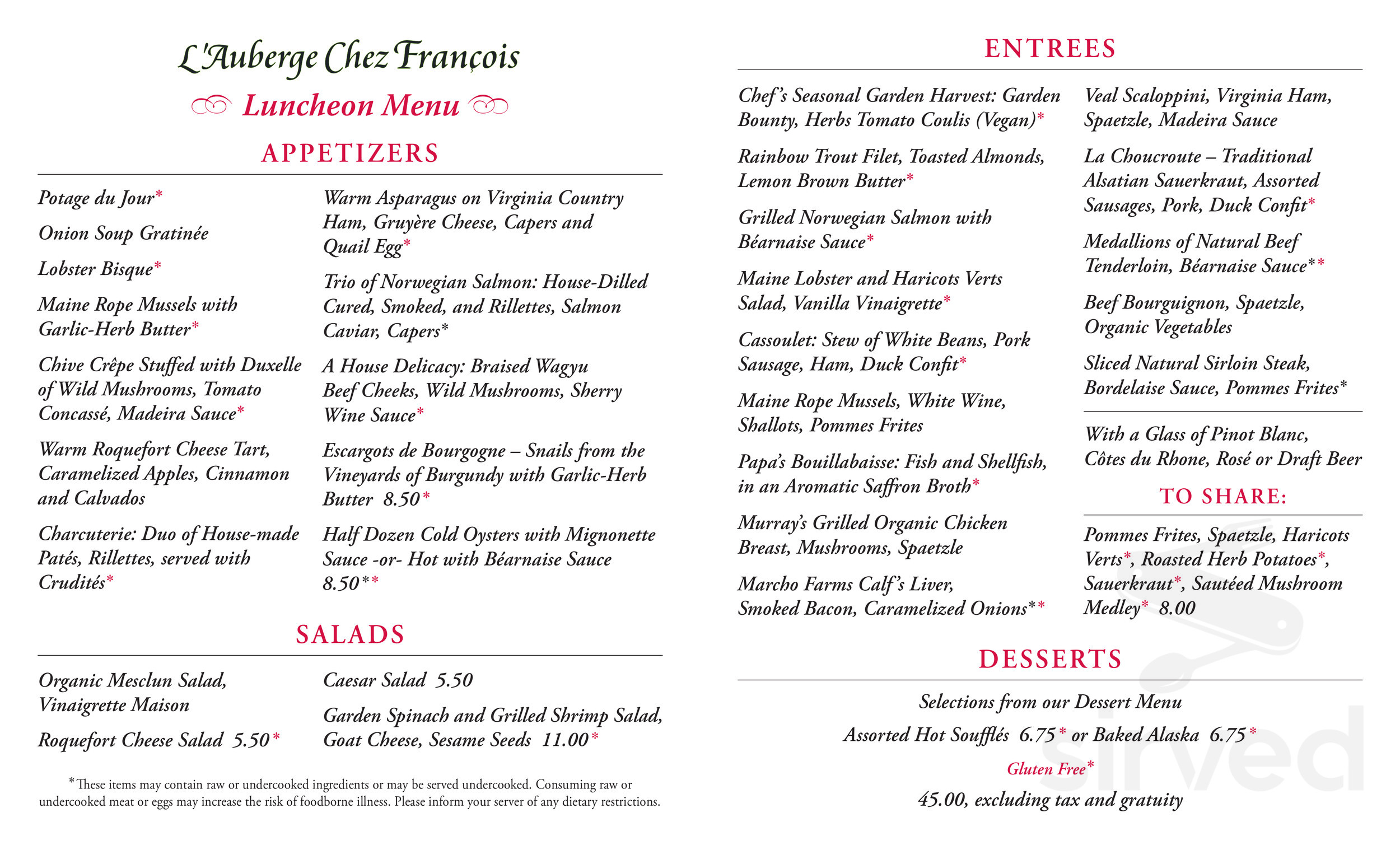 L'Auberge Chez Francois menu in Great Falls, Virginia, USA