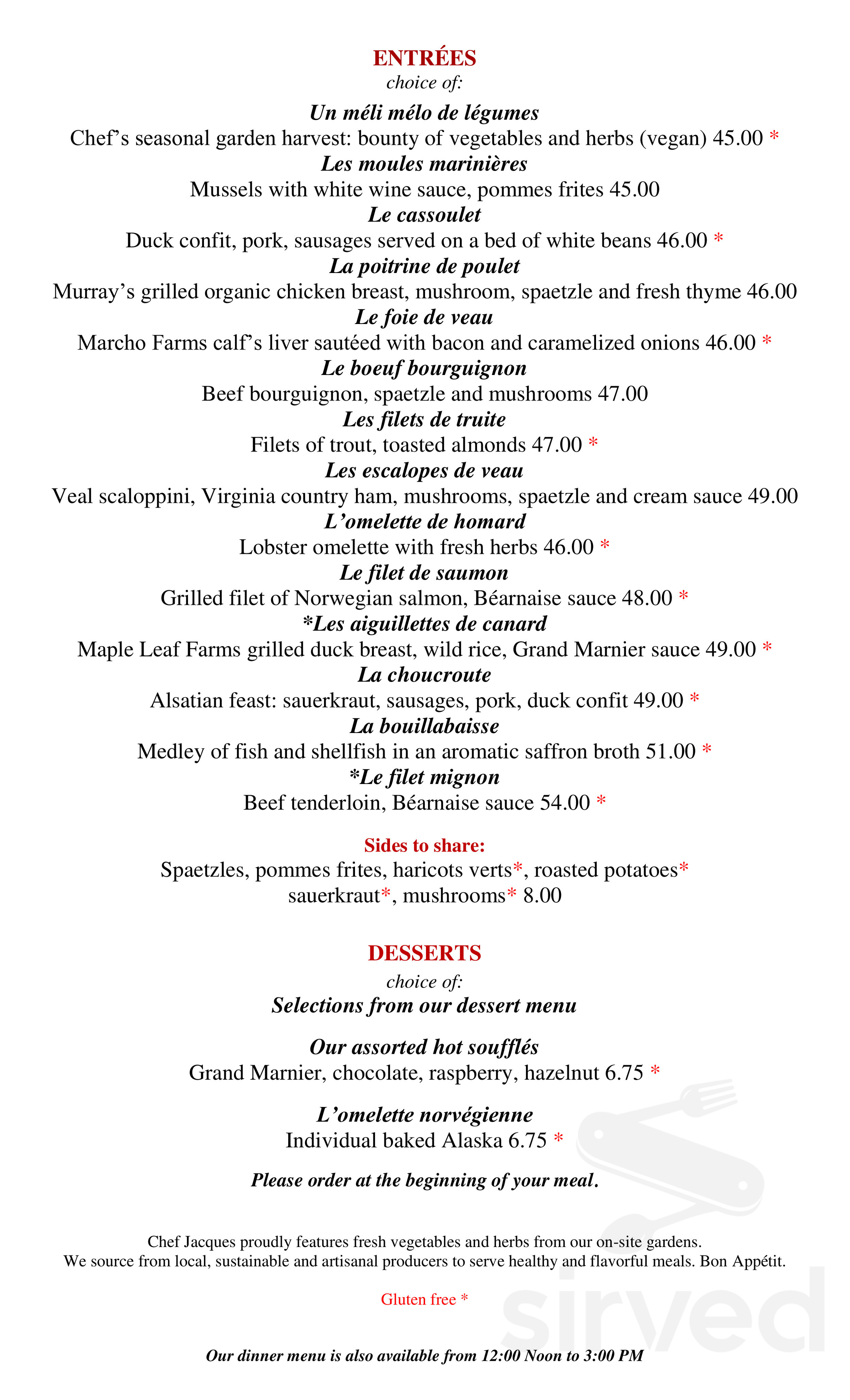 L'Auberge Chez Francois menu in Great Falls, Virginia, USA