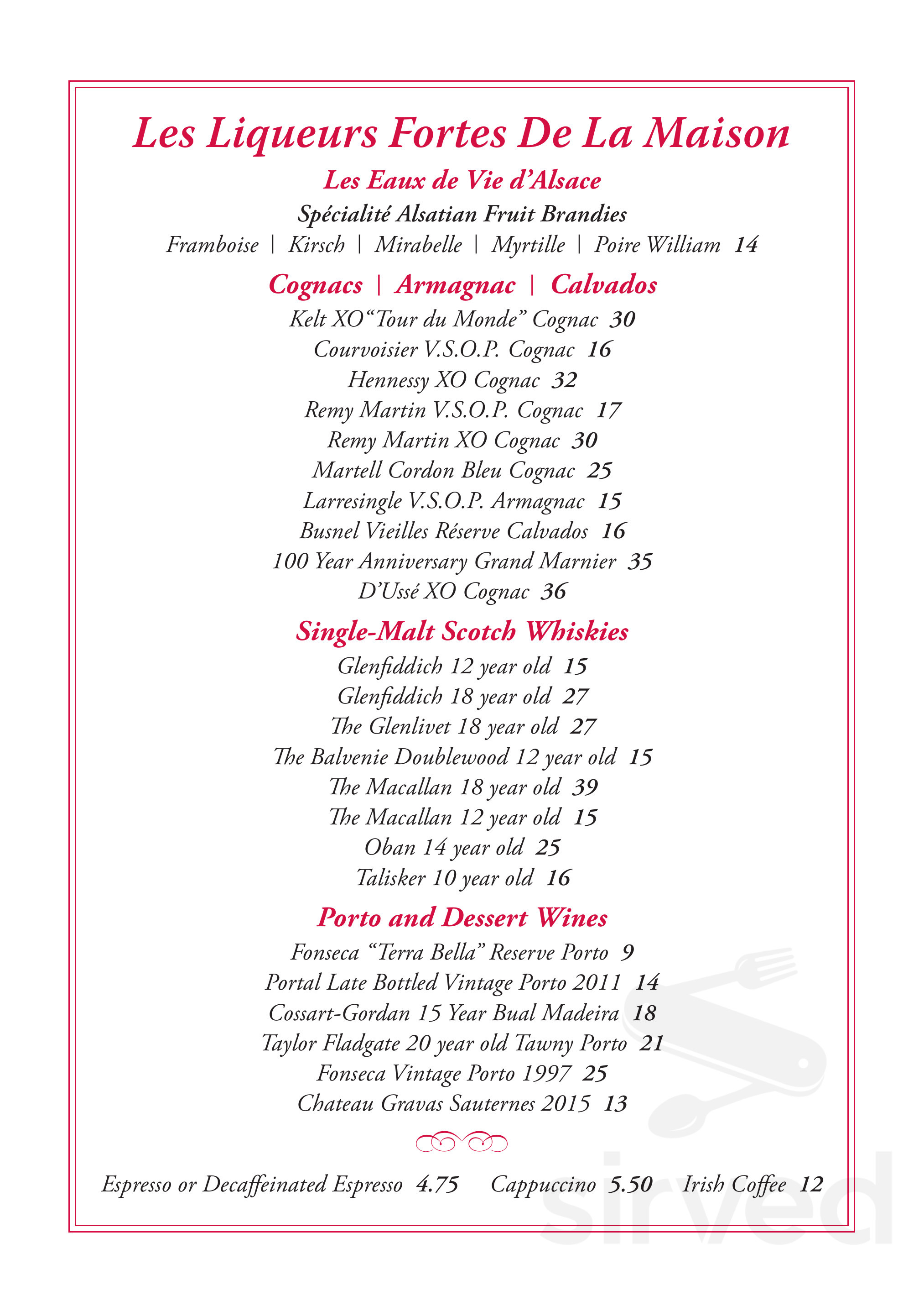 L'Auberge Chez Francois menu in Great Falls, Virginia, USA