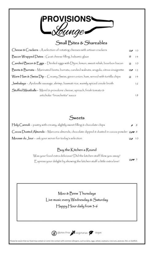 Provisions Wine Lounge menu in Boyne City, Michigan, USA