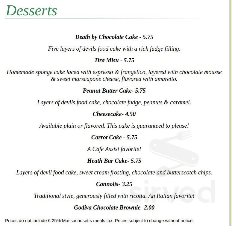 Cafe Assisi menu in Wrentham, Massachusetts, USA