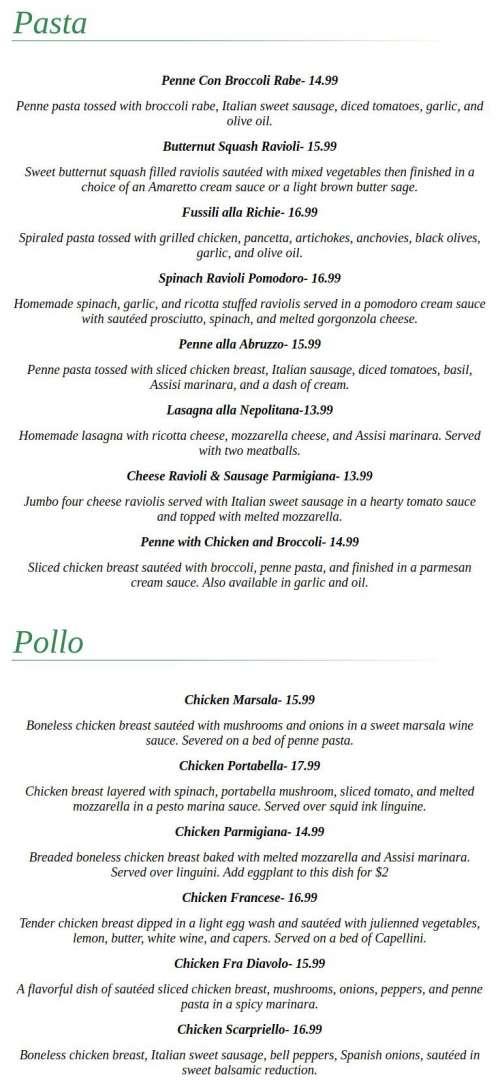 Cafe Assisi menu in Wrentham, Massachusetts, USA