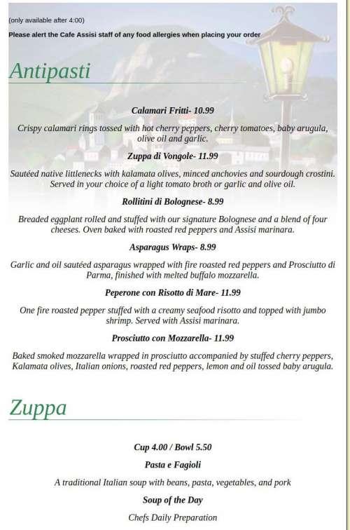 Cafe Assisi menu in Wrentham, Massachusetts, USA