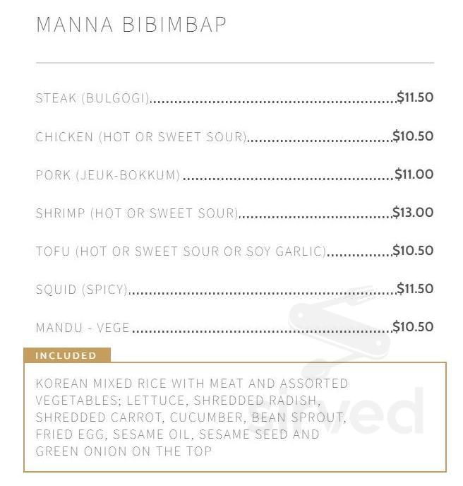Manna Korean BBQ and Dosirak menu in 409 15th St NE, Washington, DC 20002