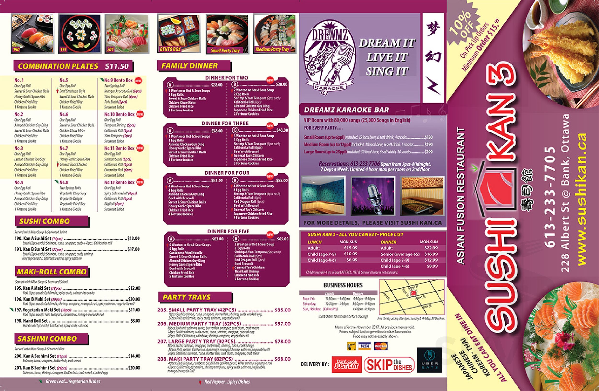 Sushi Kan 3 menu in Ottawa, Ontario, Canada