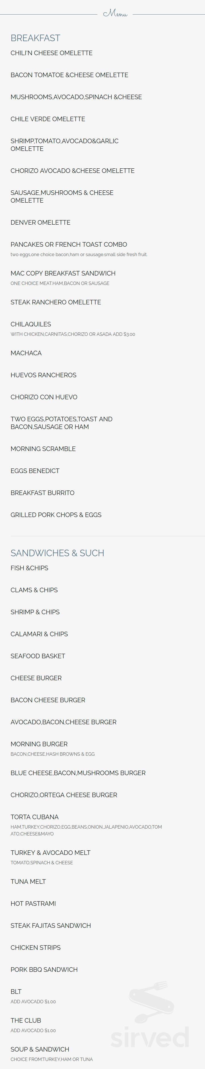 Menu - Cambria CA's Cambria Cafe | Sirved