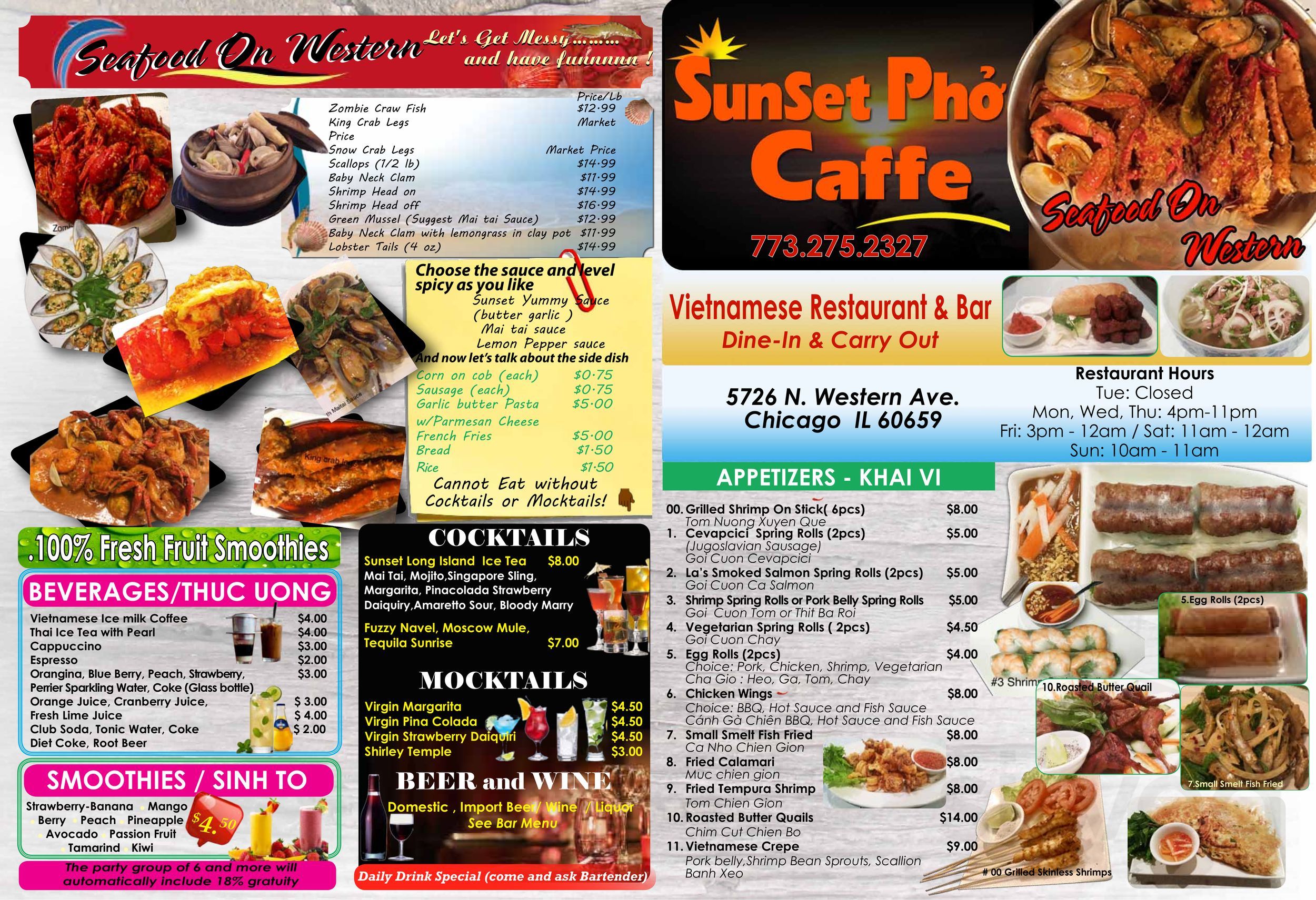 Sunset Phở Caffe menu in Chicago, Illinois, USA