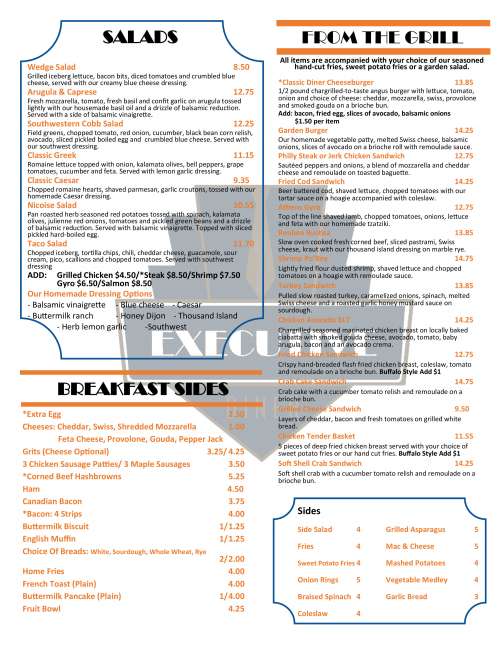 The Executive Diner menu in Alexandria, Virginia, USA