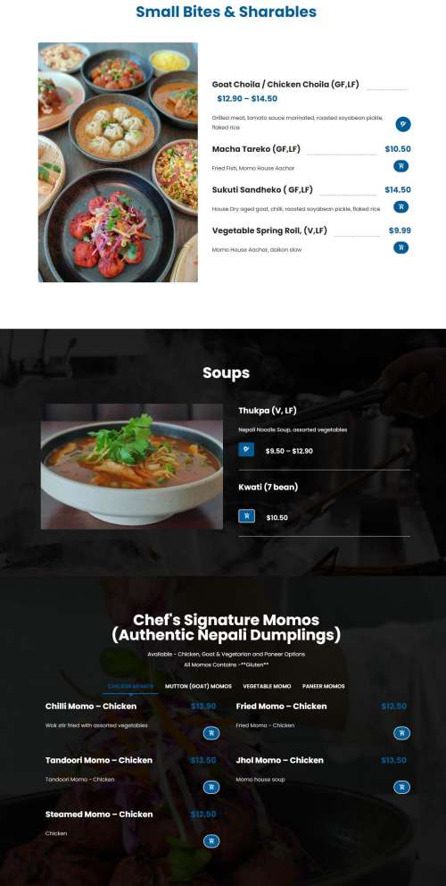 Calgary Momo House menu in Calgary, Alberta, Canada