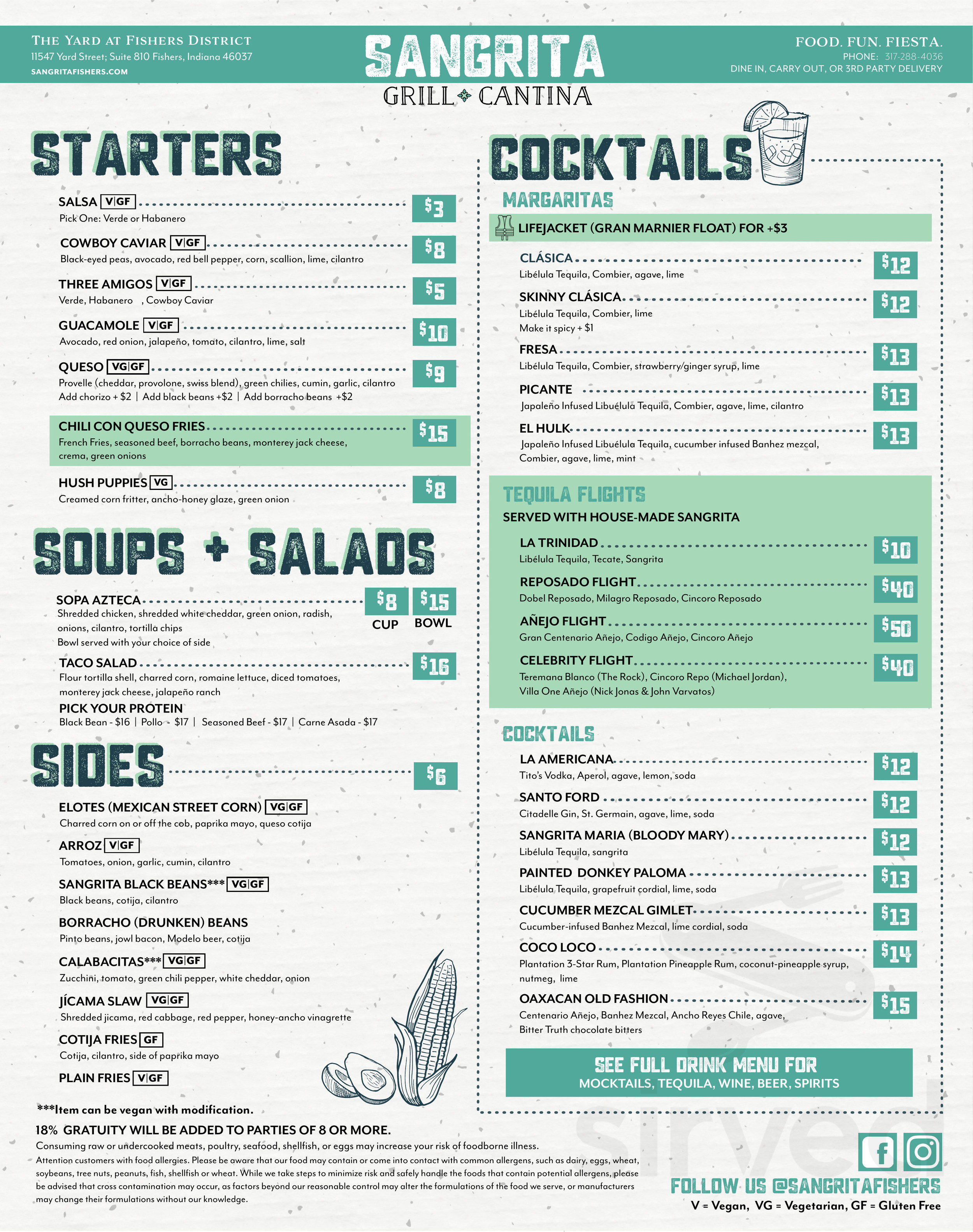 Menu for Sangrita Grill + Cantina in Fishers, IN | Sirved
