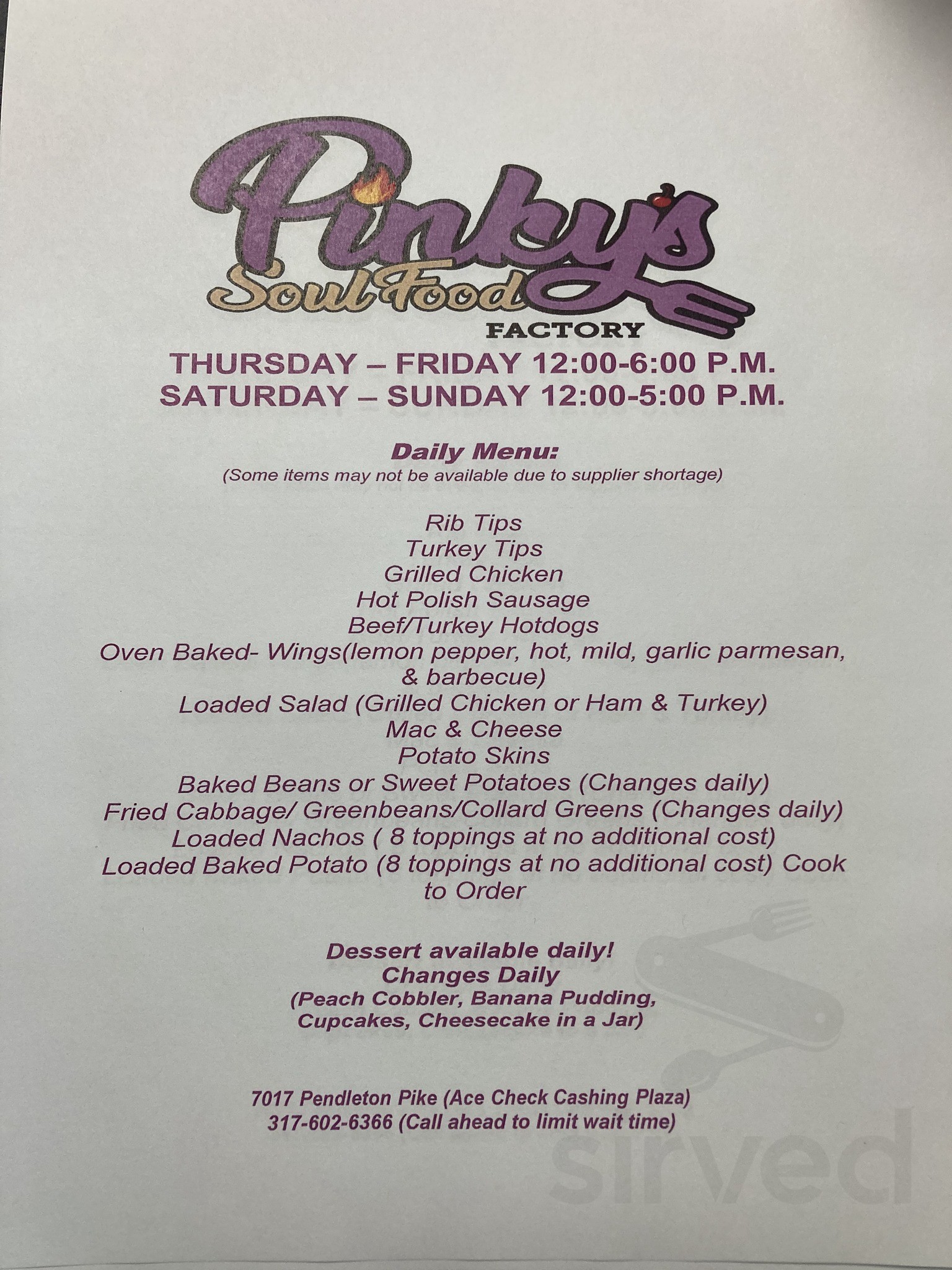 Menu for Pinky's Soul Food Factory in Indianapolis, IN | Sirved
