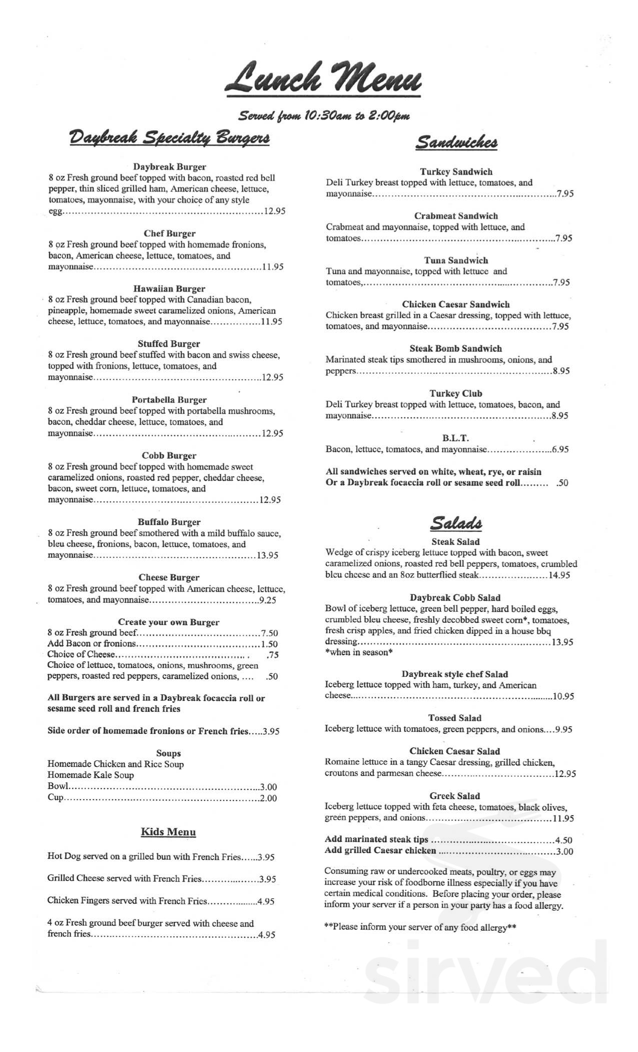 Daybreak Family Restaurant menu in West Bridgewater, Massachusetts, USA