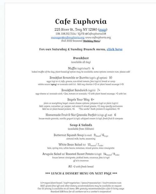 Cafe Euphoria menu in Troy, New York, USA
