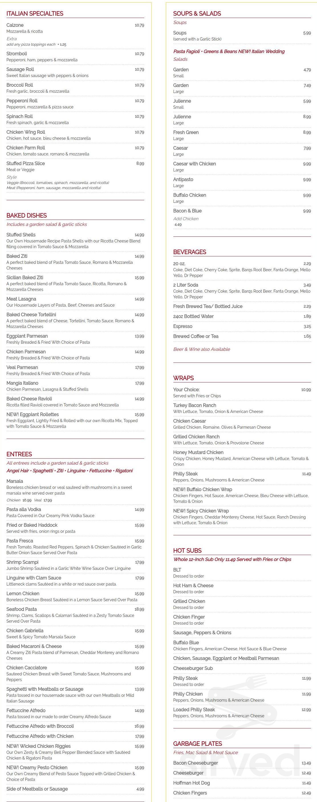 Little Italy menu in Seneca Falls, New York, USA