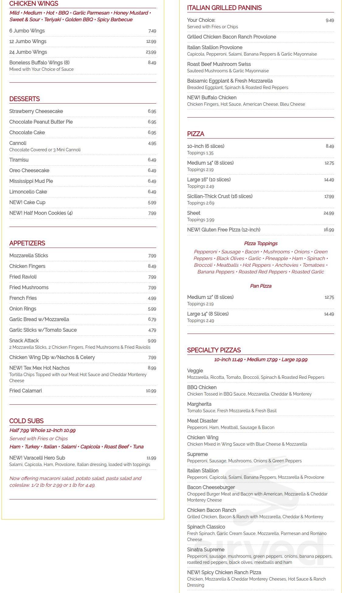 Little Italy menu in Seneca Falls, New York, USA