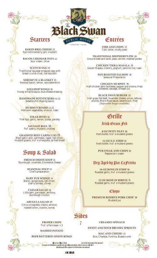 The Black Swan menu in Asbury Park, New Jersey, USA