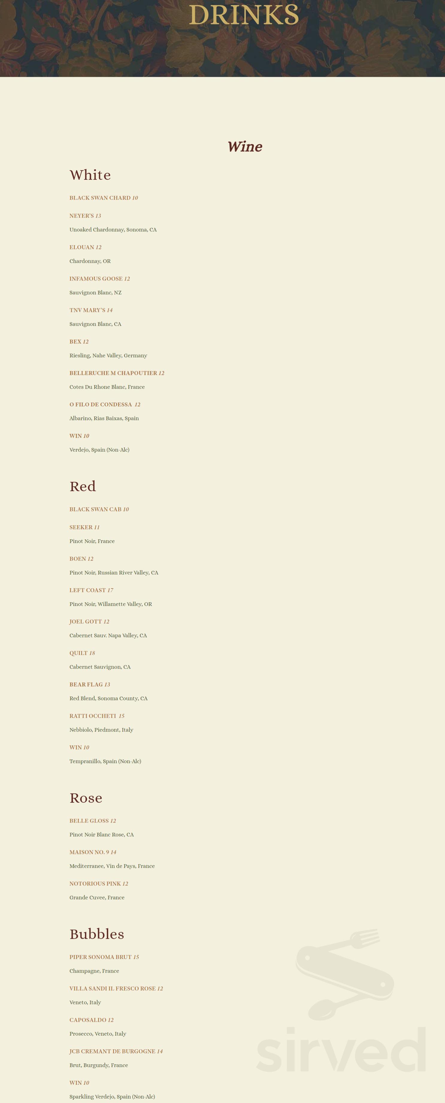 The Black Swan menu in Asbury Park, New Jersey, USA