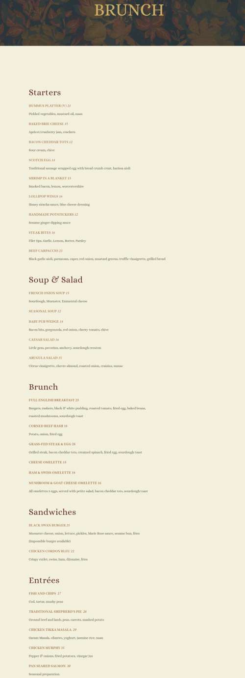 The Black Swan menu in Asbury Park, New Jersey, USA