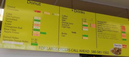 J's Donuts menu in Lawton, Oklahoma, USA