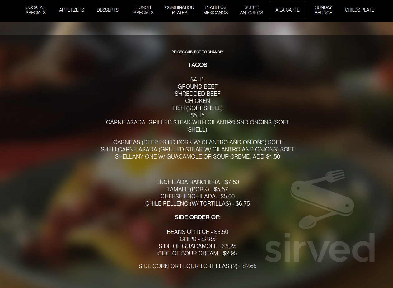 Moreno's menu in Orange, California, USA