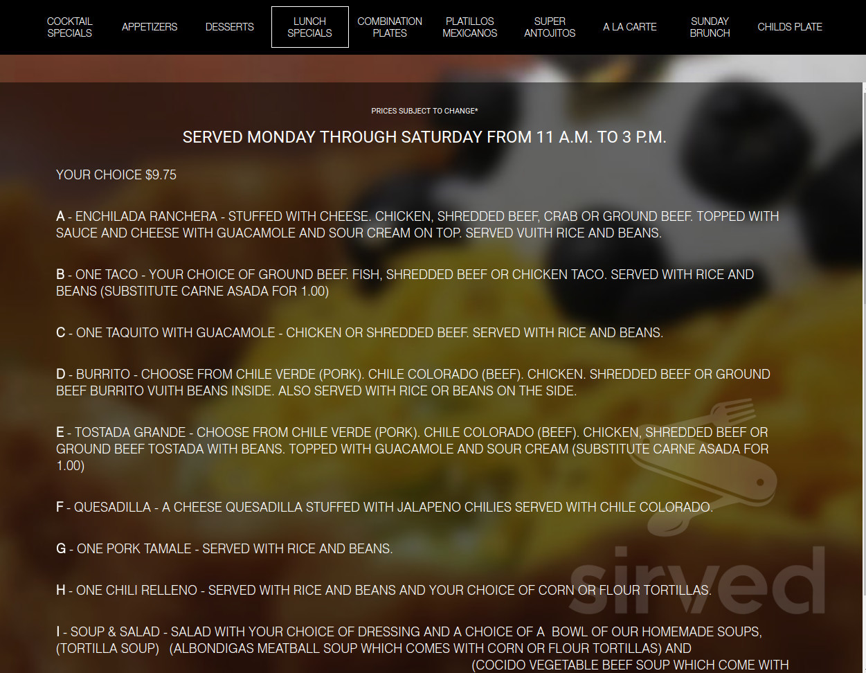 Moreno's menu in Orange, California, USA