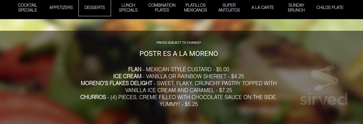 Moreno's menu in Orange, California, USA