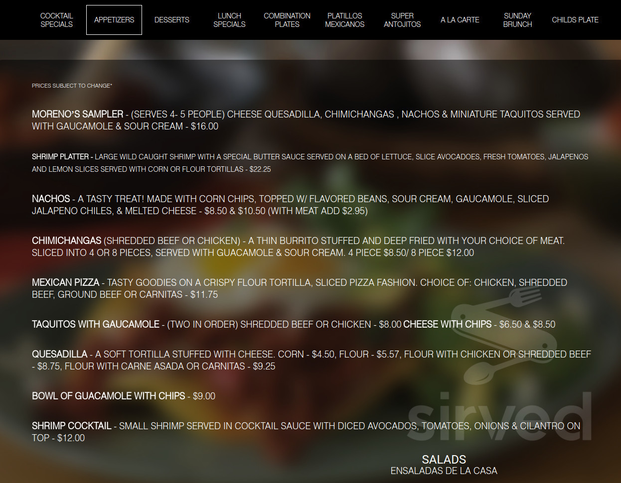 Moreno's menu in Orange, California, USA