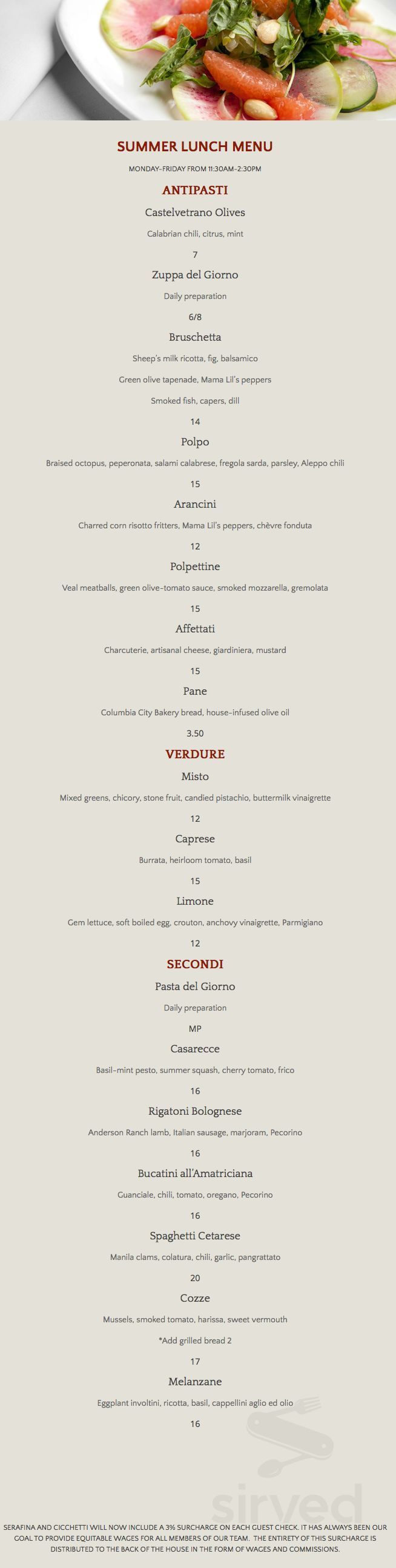 Serafina menu in Seattle, Washington, USA