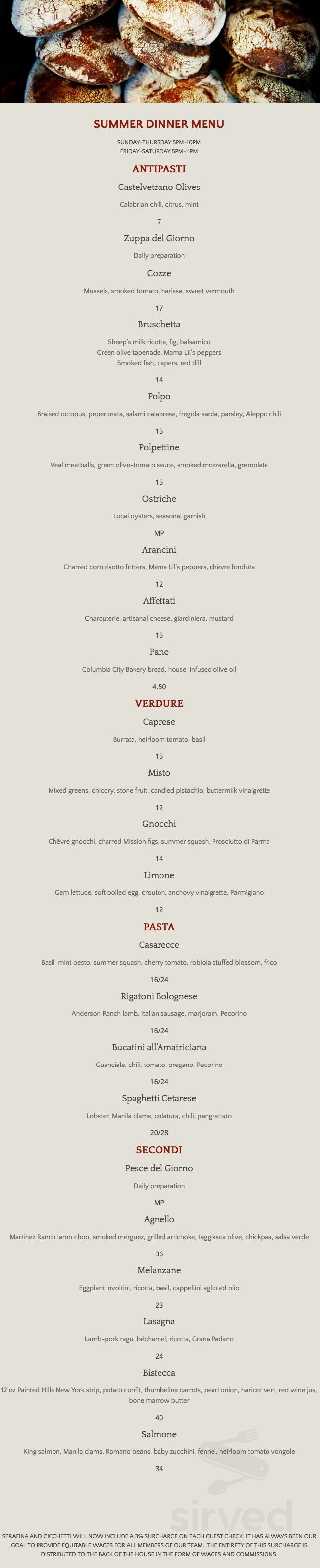 Serafina menu in Seattle, Washington, USA