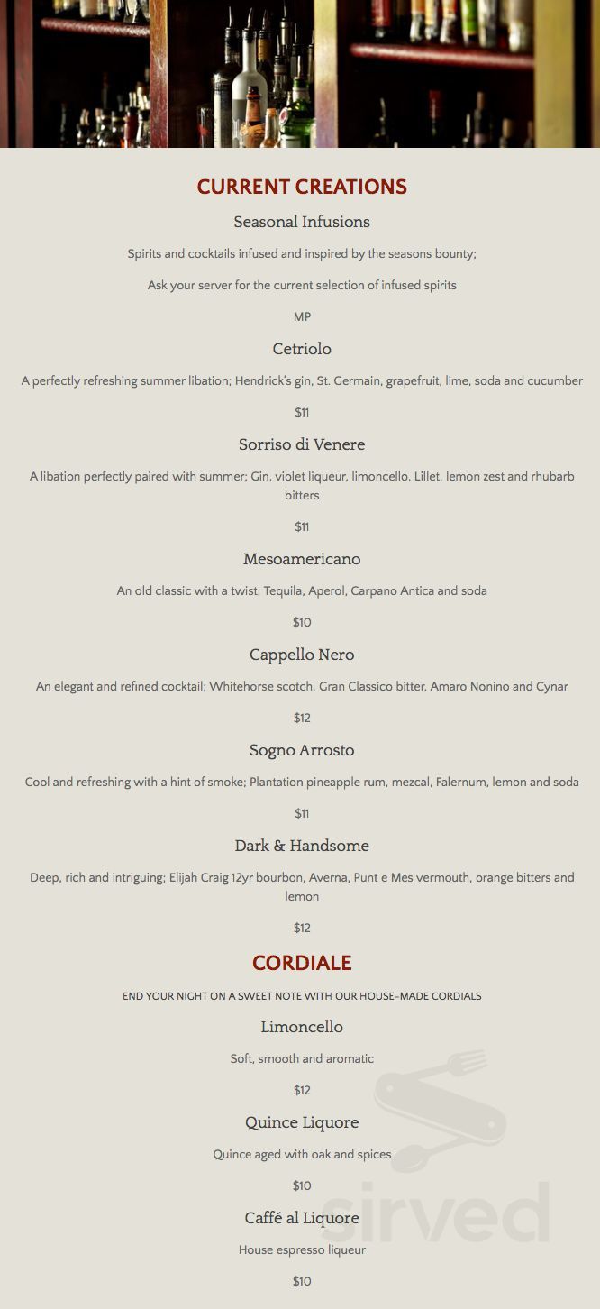 Serafina menu in Seattle, Washington, USA