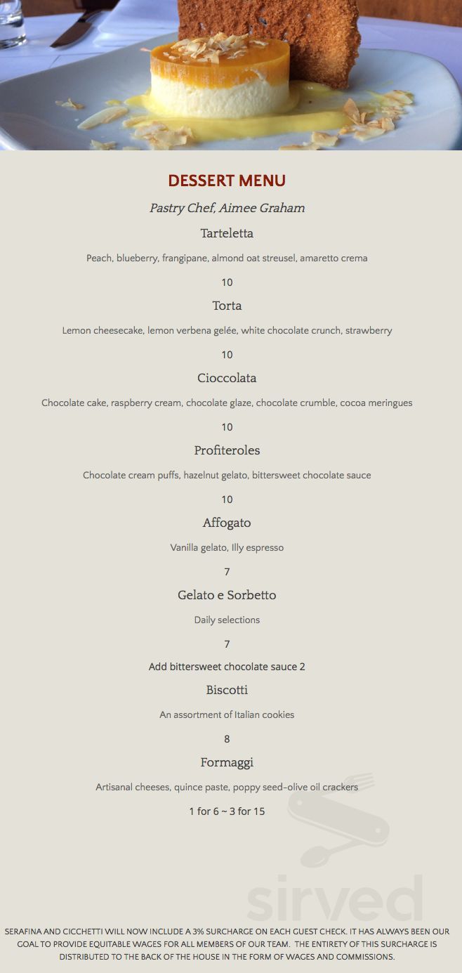 Serafina menu in Seattle, Washington, USA