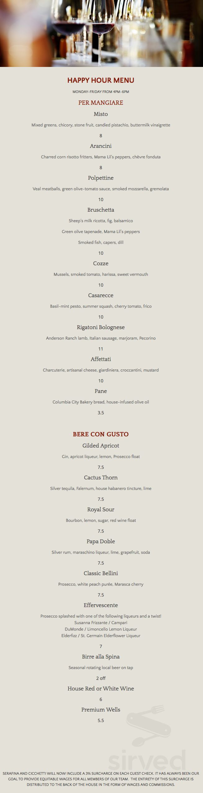 Serafina menu in Seattle, Washington, USA