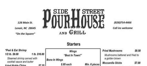 Menu for Side Street Pour House and Grill in Lenoir, NC | Sirved