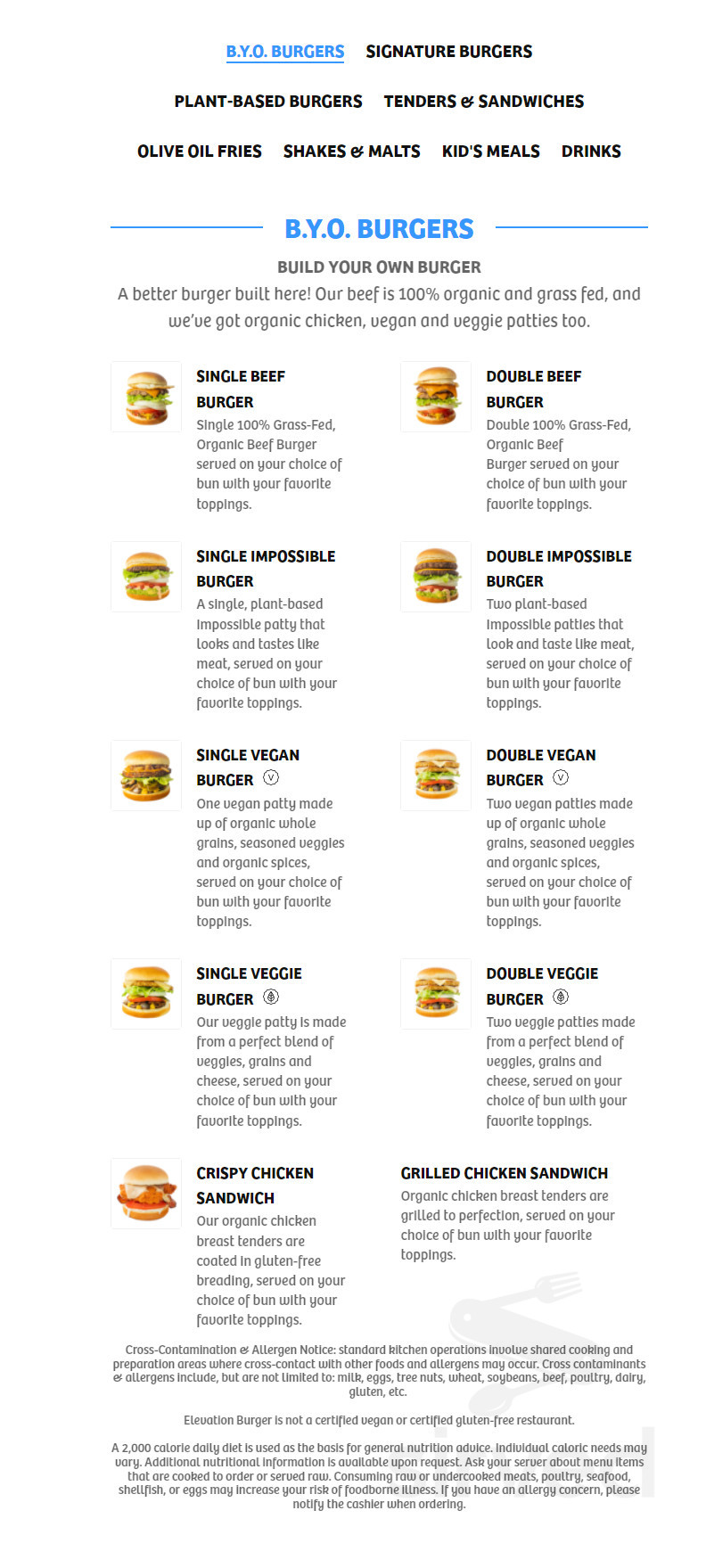 Elevation Burger menu in Potomac, Maryland, USA