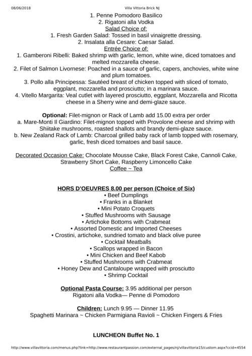 Villa Vittoria menu in Brick Township, New Jersey, USA