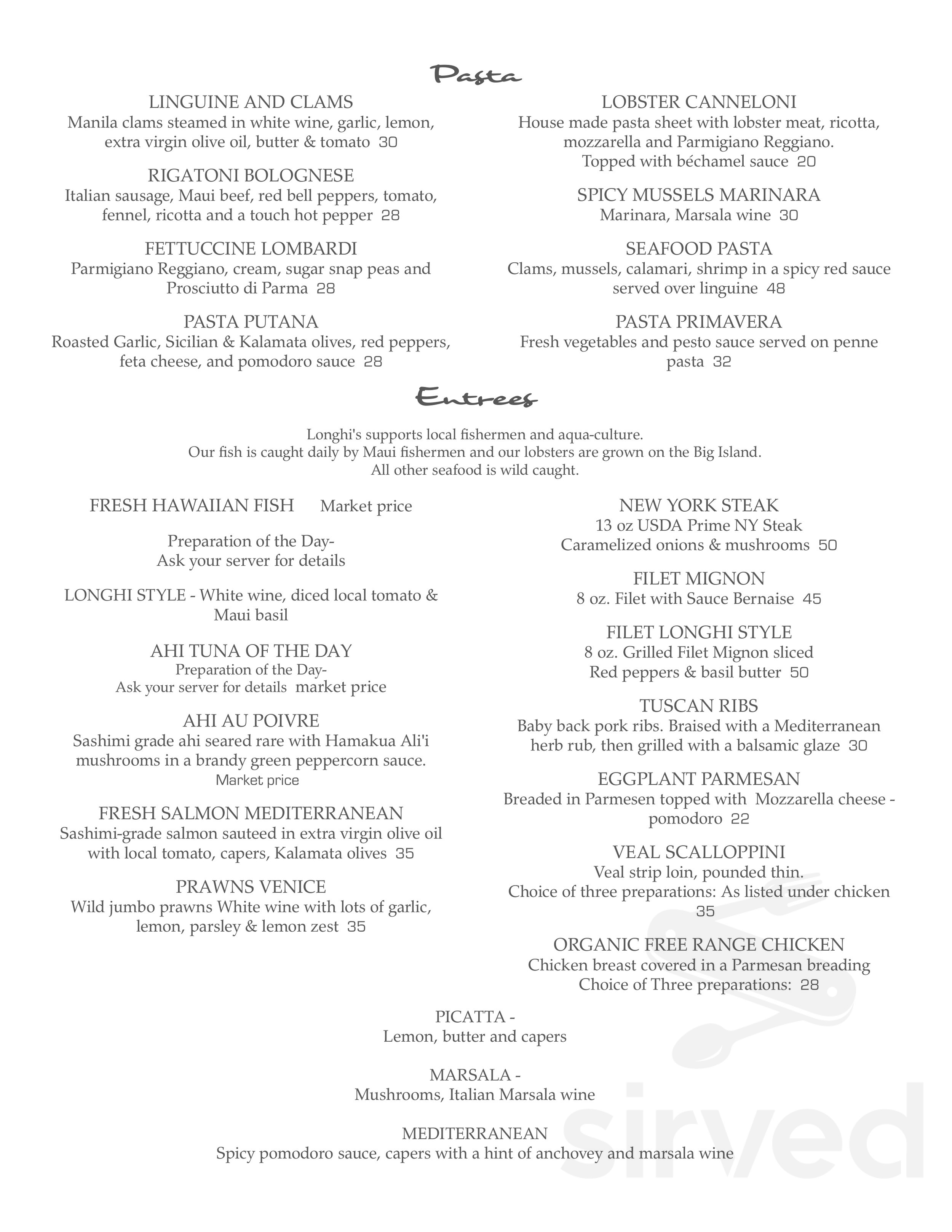 Menu for Longhi's Ko Olina in Kapolei, HI | Sirved