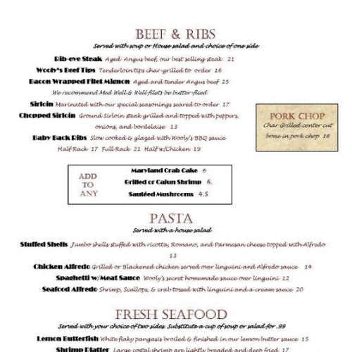 Wooly McDuff's Neighborhood Grille menu in Laurinburg, North Carolina, USA