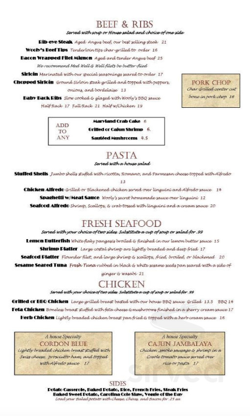 Wooly McDuff's Neighborhood Grille menu in Laurinburg, North Carolina, USA