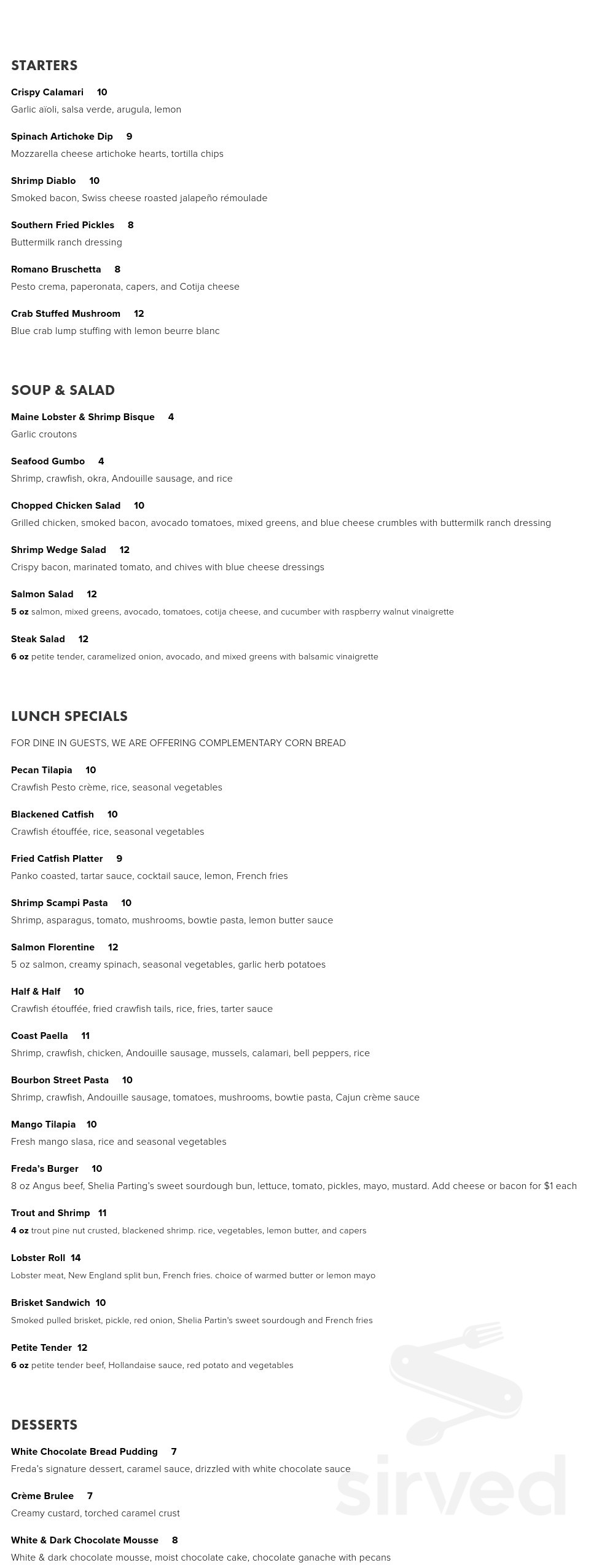 Freda's Seafood Grille menu in Austin, Texas, USA