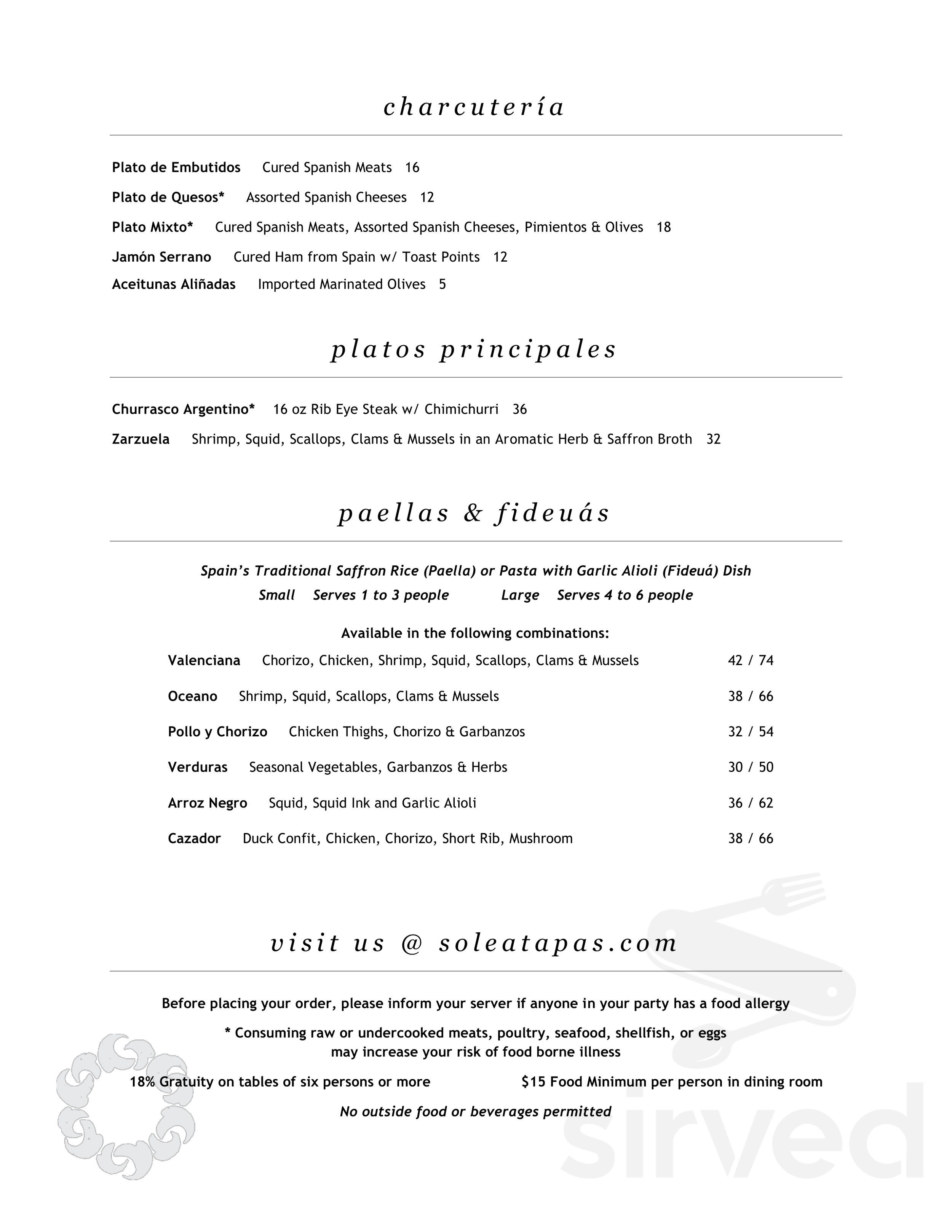 Solea Restaurant and Tapas Bar menu in Waltham, Massachusetts, USA