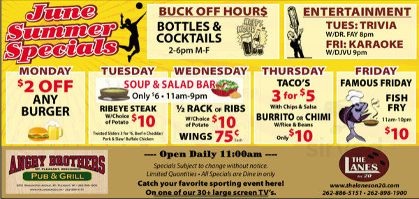 Angry Brothers Pub menu in Racine, Wisconsin, USA